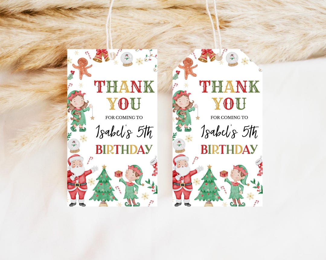Editable Santa Claus and Elves Birthday Favor Tag, Christmas Elf ...