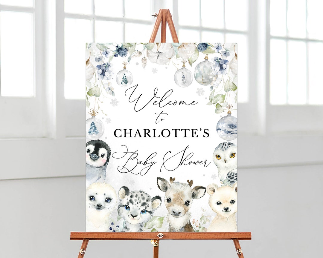Editable Winter Arctic Animals Baby Shower Welcome Sign, Greenery ...
