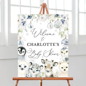 Editable Winter Arctic Animals Baby Shower Welcome Sign, Greenery ...