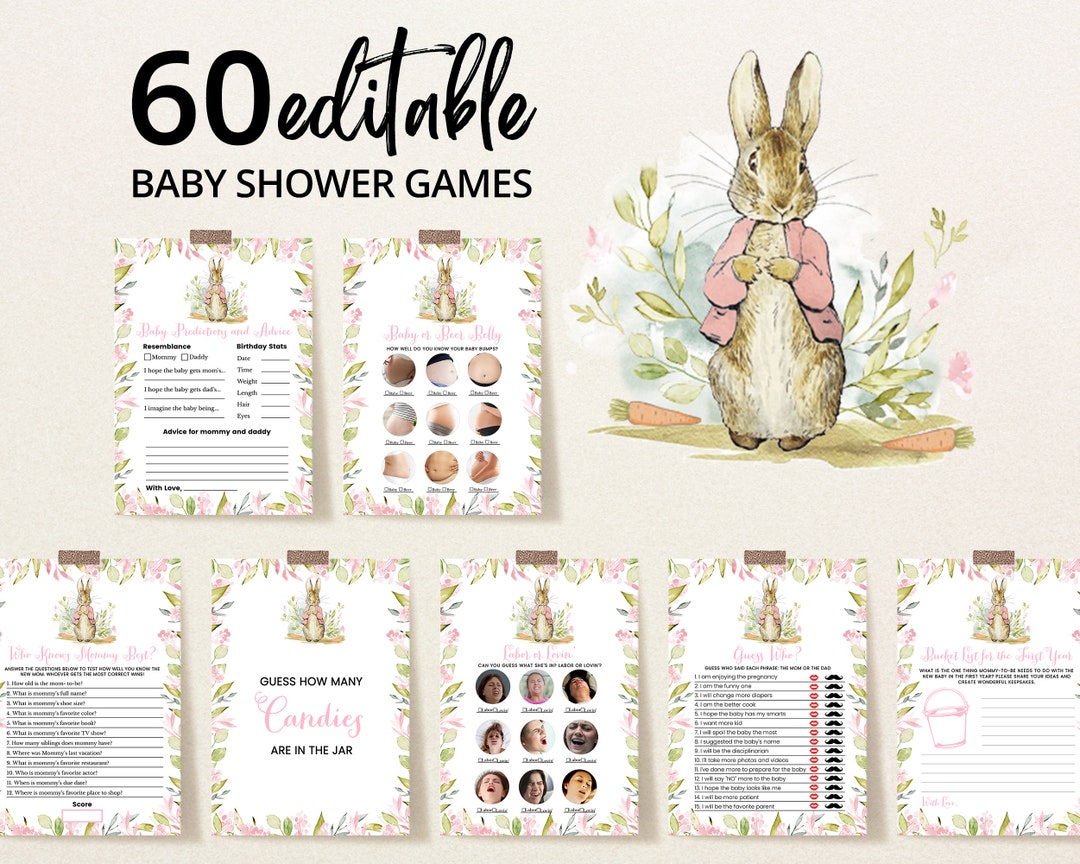 Editable Peter Rabbit Baby Shower Game Bundle, Pink Peter Rabbit Baby ...