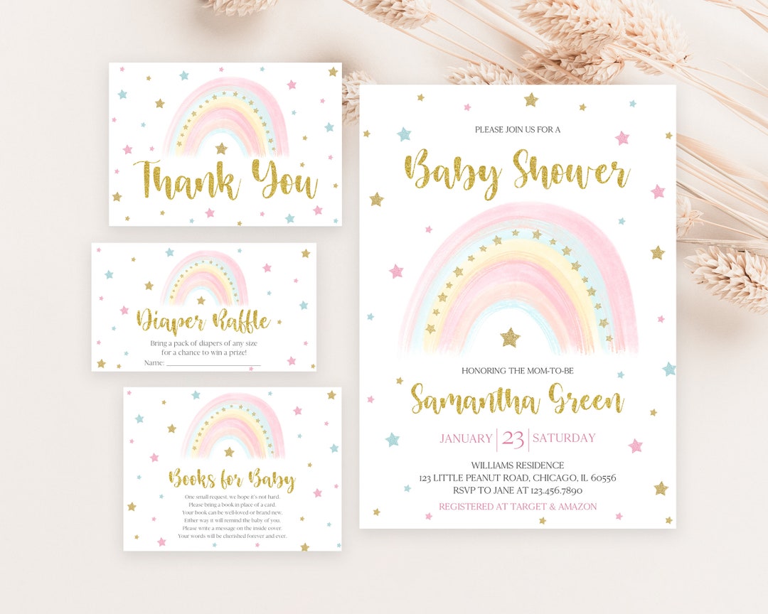 Editable Rainbow Baby Shower Invitation Bundle, Pastel Rainbow Baby ...