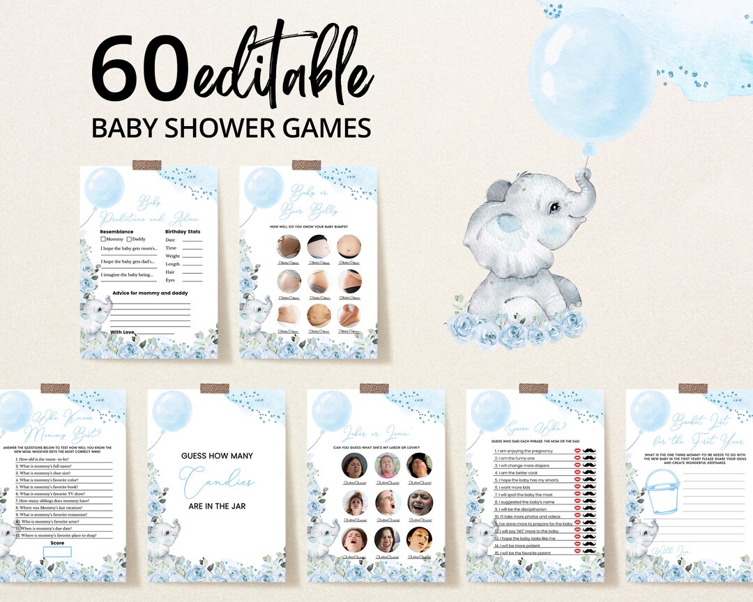 Editable Blue Floral Boy Elephant Baby Shower Game Bundle, Blue ...