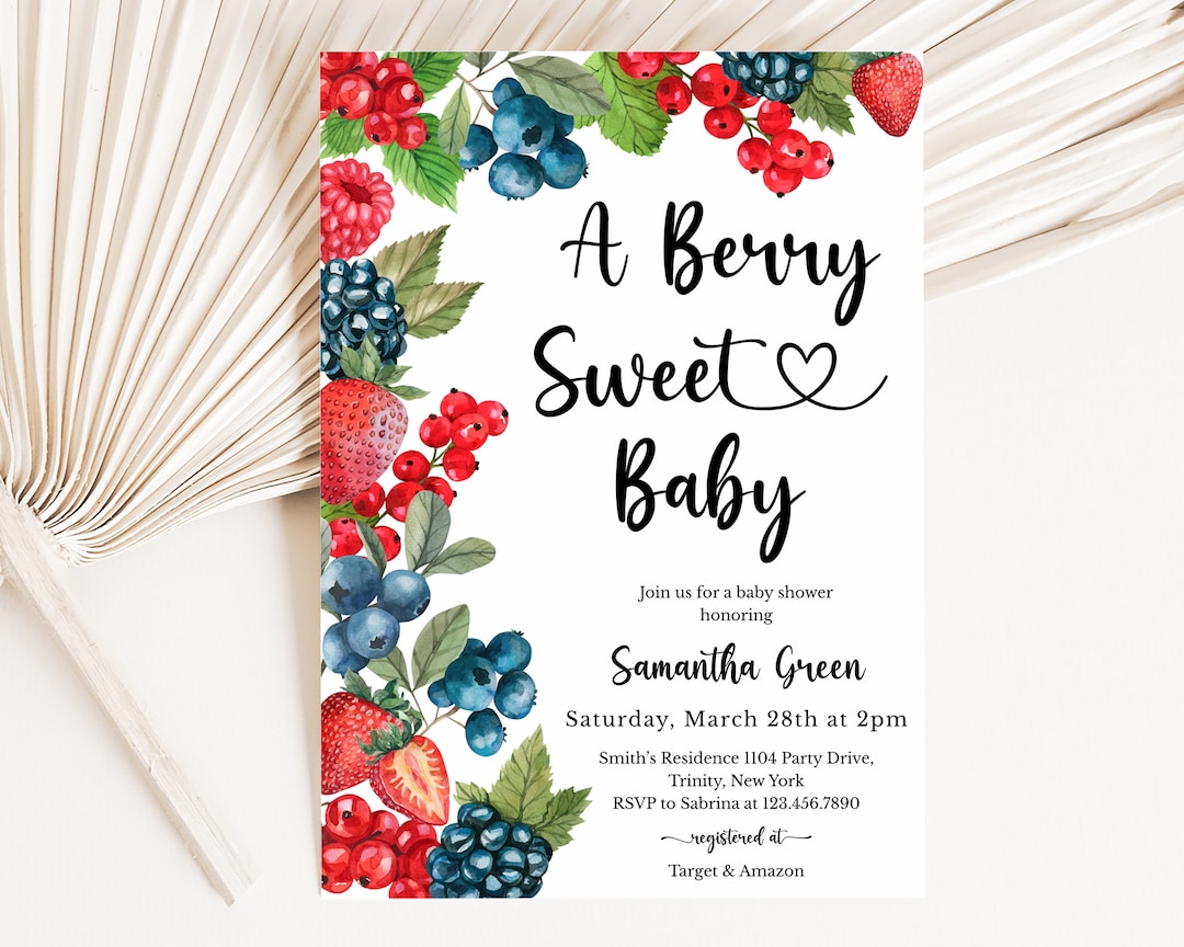 Editable Berry Sweet Baby on the Way Baby Shower Invitation, Strawberry ...
