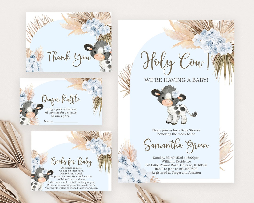 Editable Holy Cow Baby Shower Invitation Bundle, Boy Blue Cow Baby ...