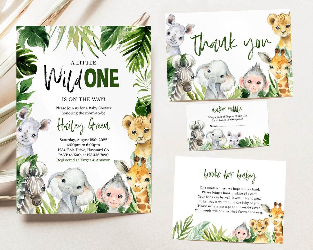 Editable Greenery Safari Jungle Baby Shower Invitation Bundle, Wild One ...