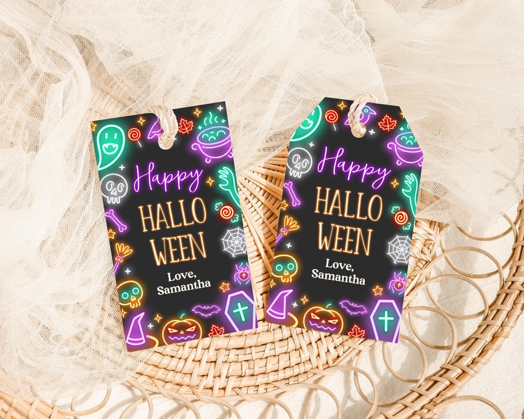 Editable Neon Halloween Party Glow Sticks Favor Tag, Halloween Trick or ...
