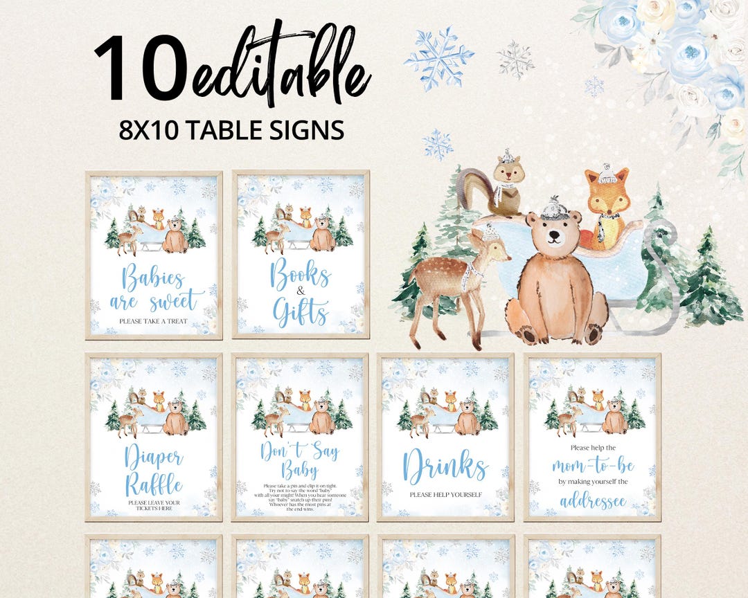 Editable Blue Winter Woodland Baby Shower Table Sign, Baby It's Cold ...