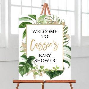 Editable Tropical Baby Shower Welcome Sign, Green Leaves Baby Shower ...