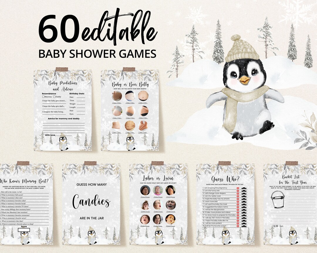 Editable Gold Silver Penguin Baby Shower Game Bundle, Gender Neutral ...