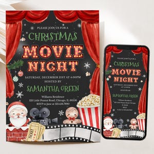 Editable Christmas Movie Night Holiday Party Invitation, Movie Night ...