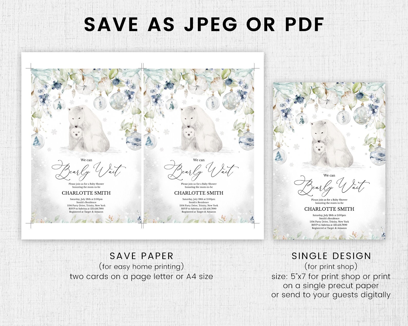 Editable Winter Polar Bear Baby Shower Invitation Bundle - Etsy