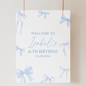 Editable Blue Bow Birthday Welcome Sign, Blue Bow Girl Birthday Poster ...