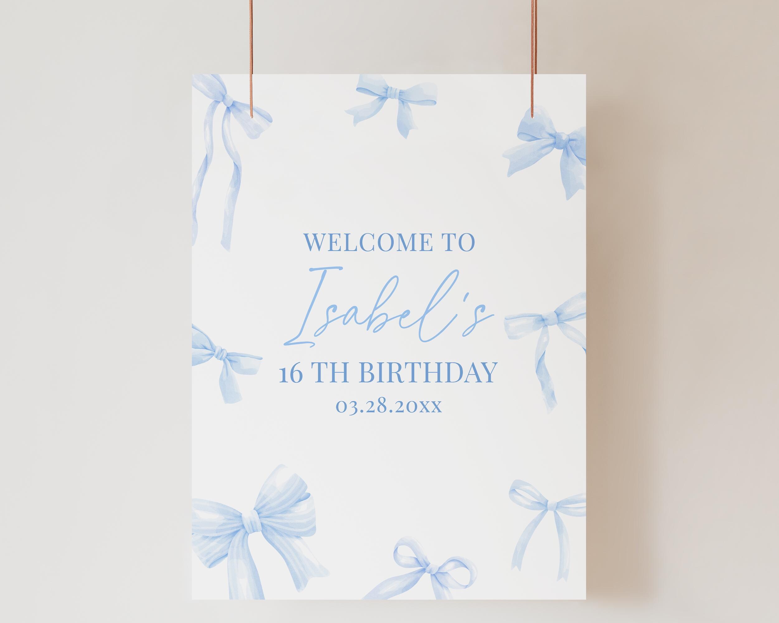 Editable Blue Bow Birthday Welcome Sign, Blue Bow Girl Birthday Poster ...