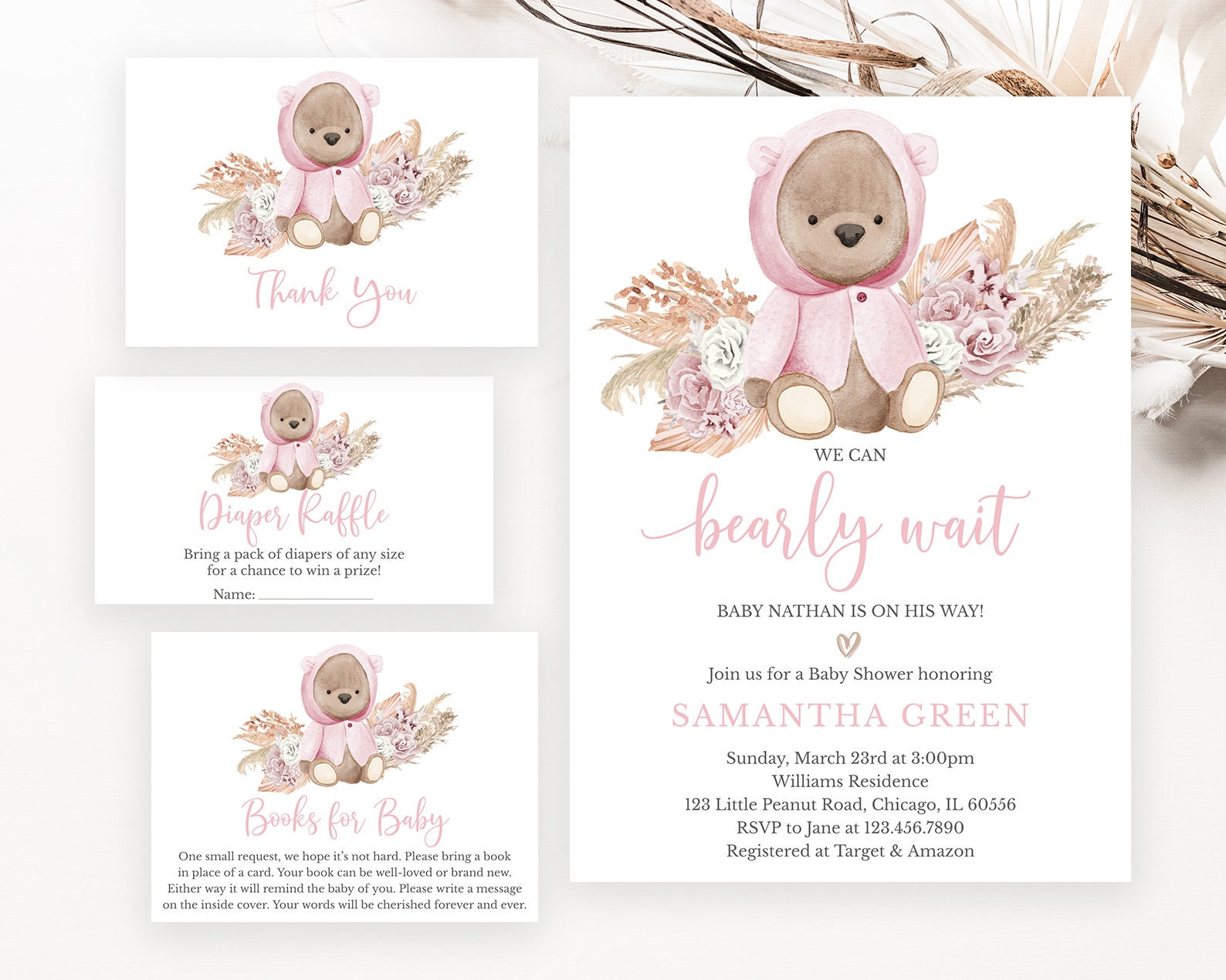 Editable We Can Bearly Wait Baby Shower Invitation Bundle, Pink Bear ...