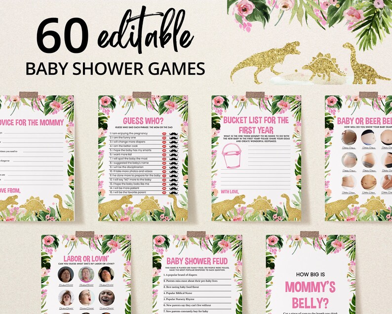Editable Girl Dinosaur Baby Shower Game Bundle Pink Gold - Etsy