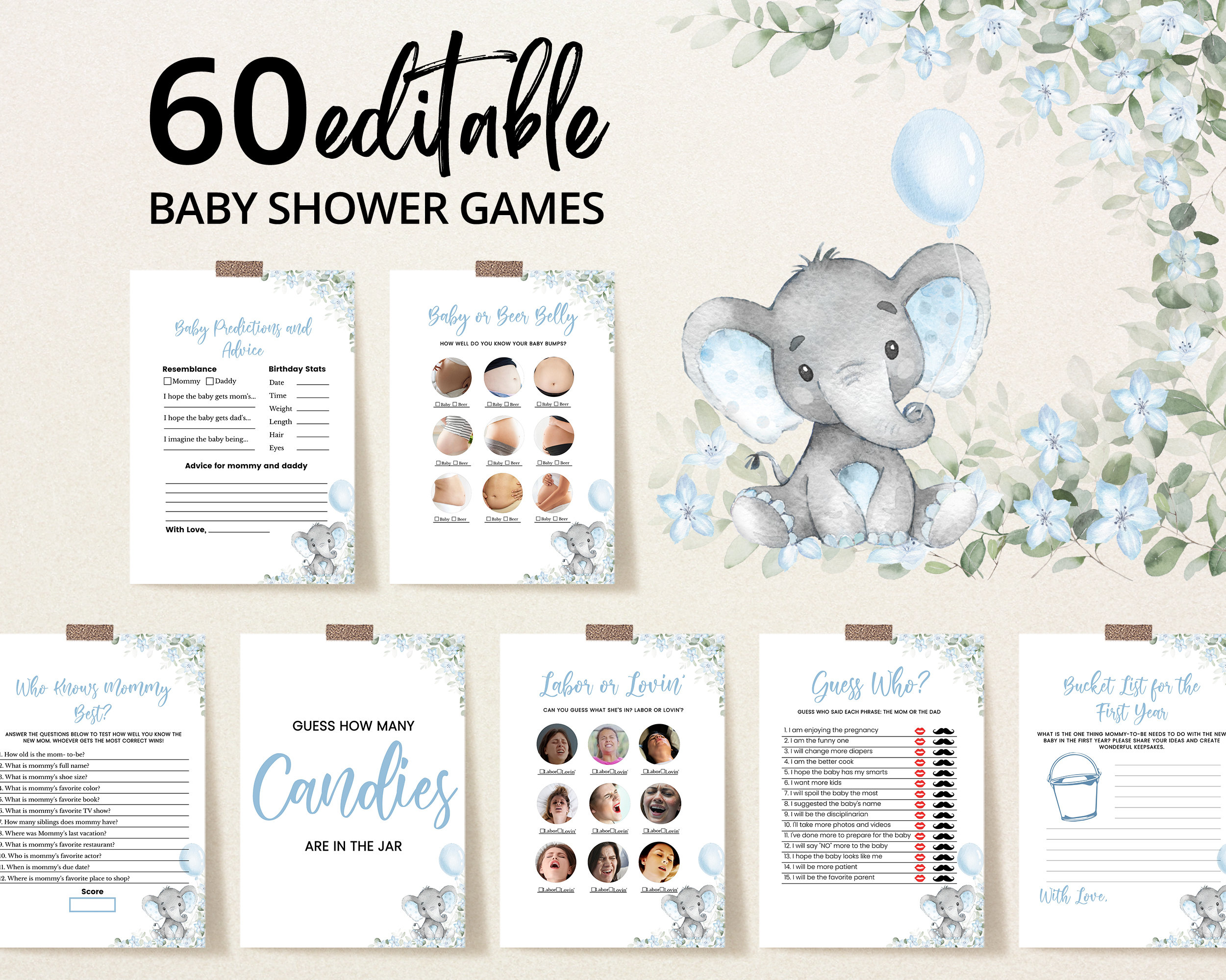 Editable Blue Elephant Baby Shower Game Bundle, Boy Elephant Baby ...
