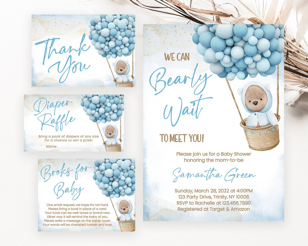 Editable Blue Bear Balloon Baby Shower Invitation Bundle We - Etsy