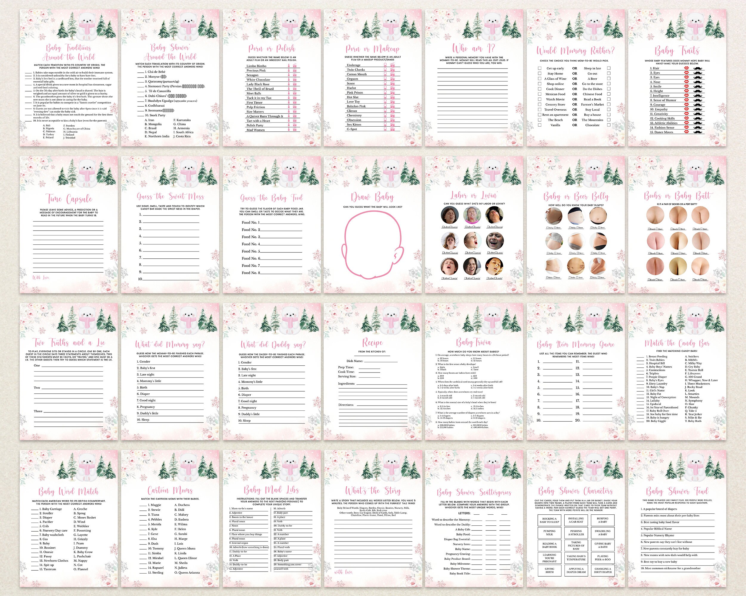Editable Pink Polar Bear Baby Shower Game Bundle, We Can Bearly Wait ...