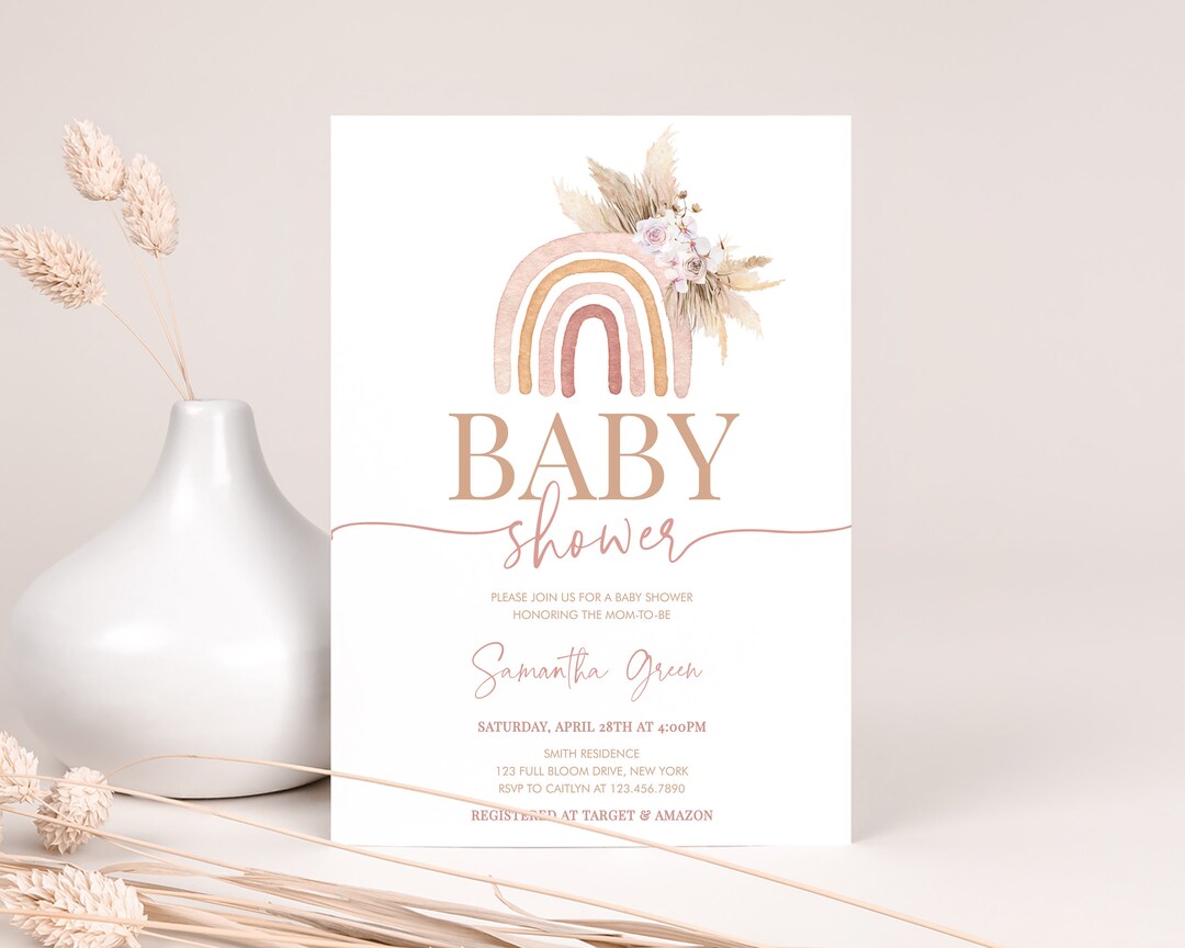Editable Boho Rainbow Baby Shower Invitation, Rustic Rainbow Baby ...