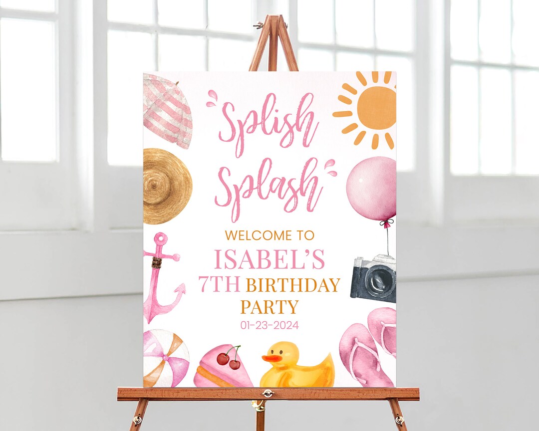 Editable Splish Splash Beach Bash Birthday Welcome Sign, Pink Summer ...