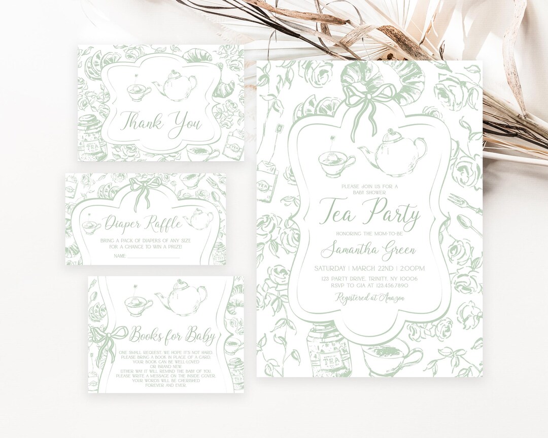 Editable Chinoiserie Gender Neutral Tea Party Shower Invitation Bundle ...