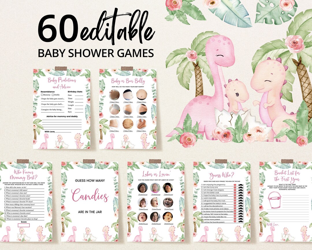 Editable Girl Dinosaur Baby Shower Game Bundle, It's a Girl Dinosaur ...