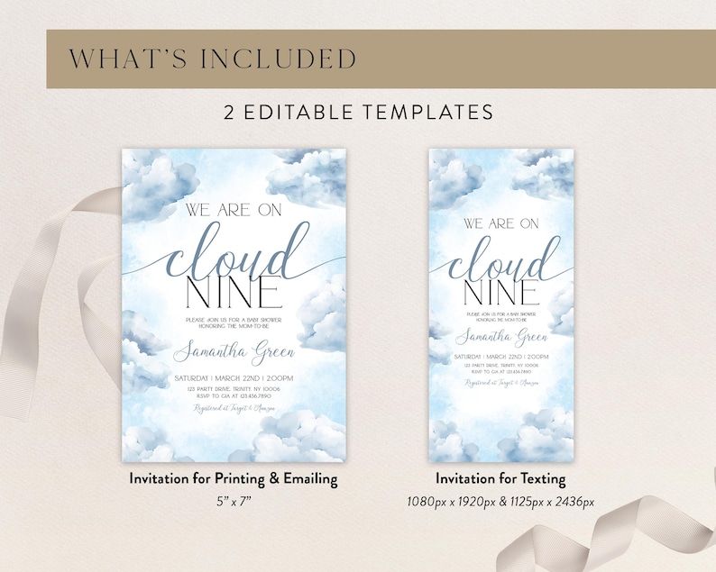 Editable on Cloud 9 Baby Shower Invitation, Blue Cloud Nine Baby Shower ...