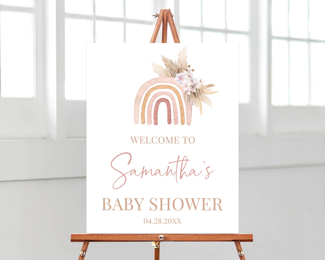 Editable Boho Rainbow Baby Shower Welcome Sign, Rustic Rainbow Baby ...