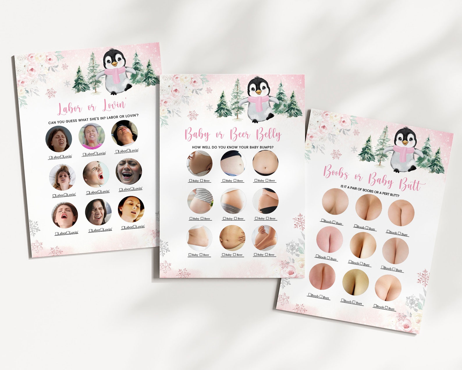 Editable Pink Winter Penguin Baby Shower Game Bundle, Baby It's Cold ...