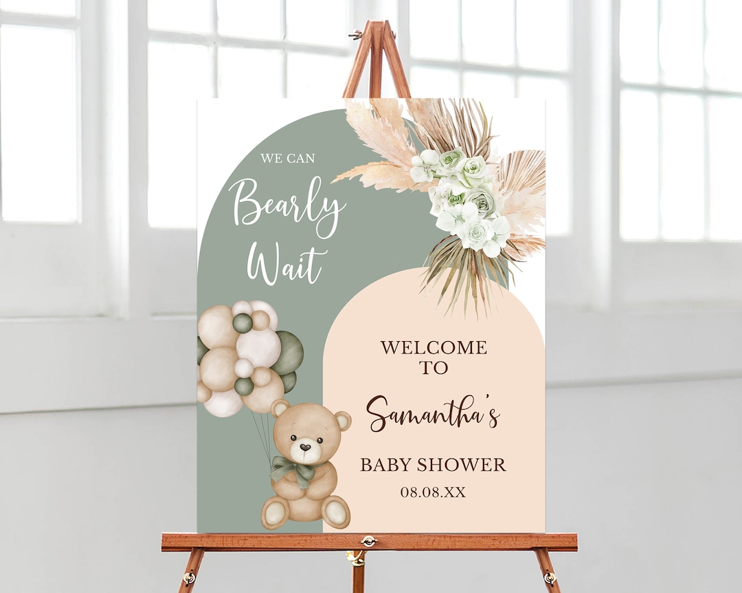 Editable We Can Bearly Wait Baby Shower Welcome Sign, Green Bear ...