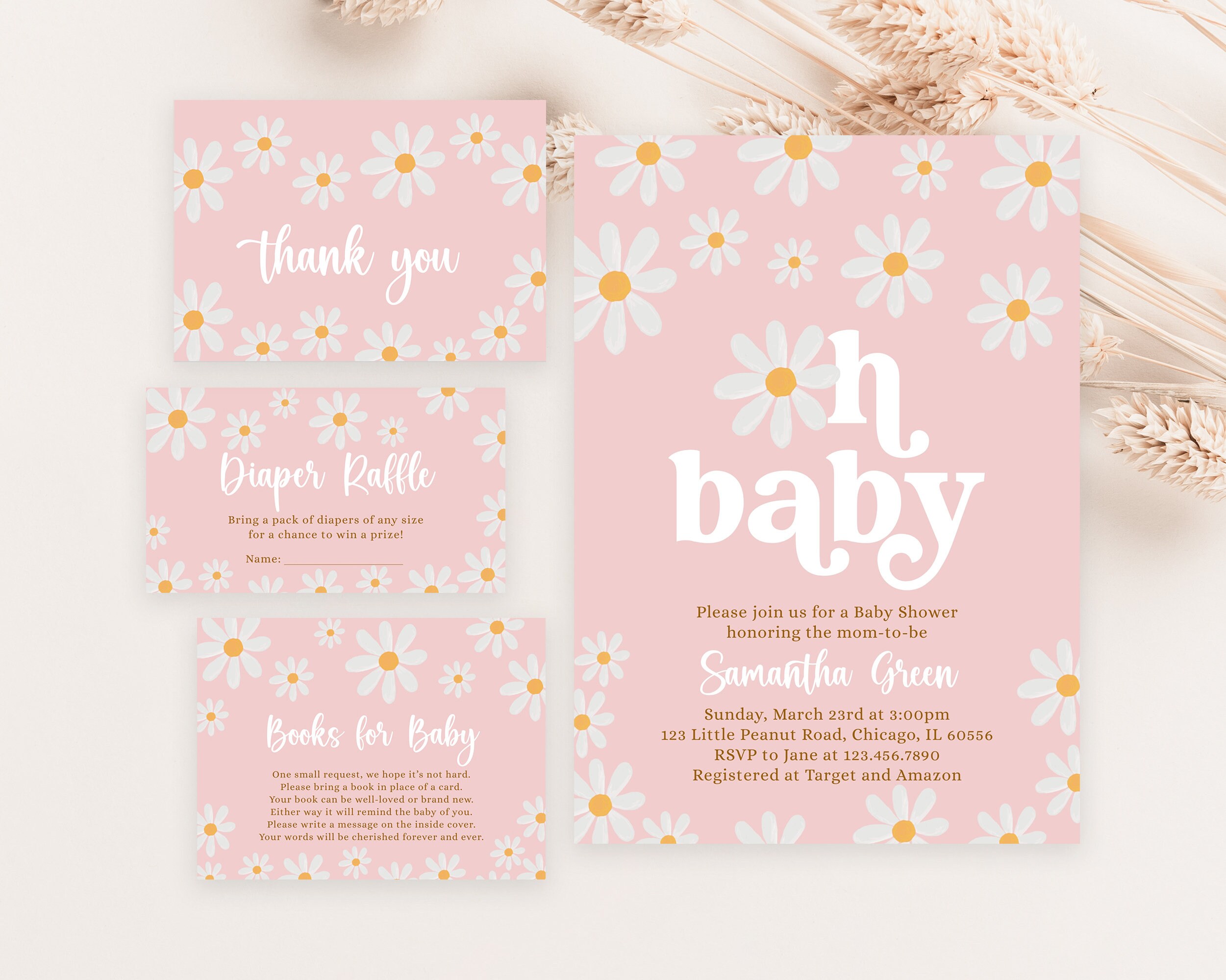 Editable Daisy Baby Shower Invitation Bundle, Oh Baby Daisy Baby Shower ...