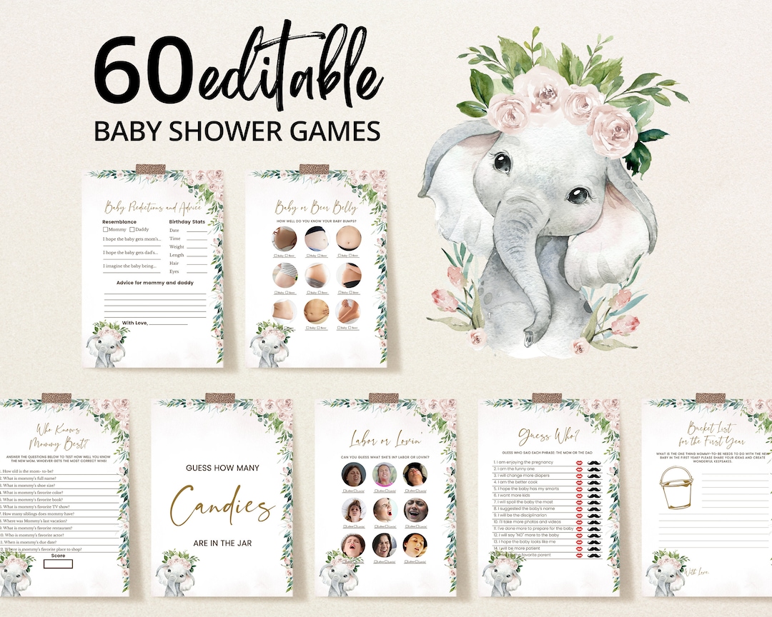 Editable Girl Elephant Baby Shower Game Bundle, Pink Elephant Baby ...