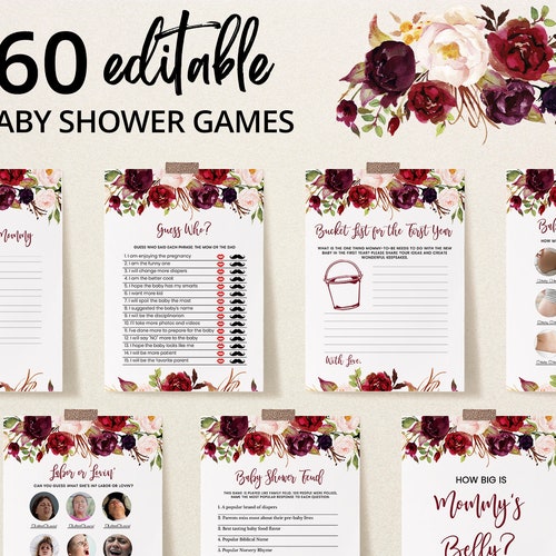 Pink Burgundy Floral Baby Shower Game BUNDLE Six Printable - Etsy