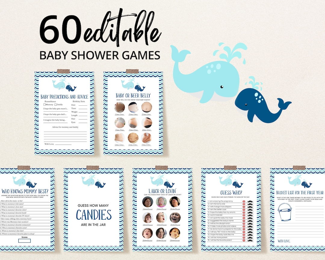 Editable Whale Baby Shower Game Bundle, Blue Whale Baby Shower Games ...