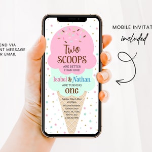 Editable Two Scoops Better One Twin Birthday Invitation, Pink Ice Cream ...