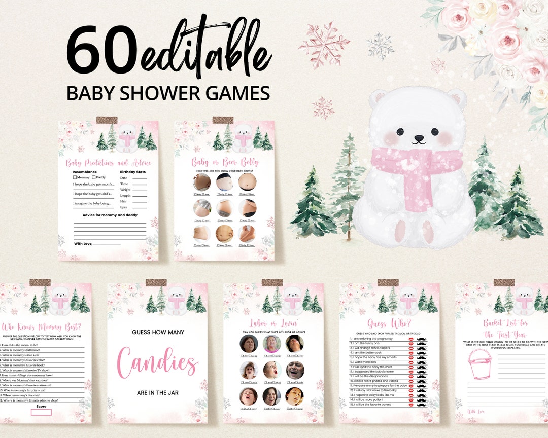 Editable Pink Polar Bear Baby Shower Game Bundle, We Can Bearly Wait ...