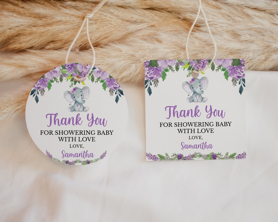 Editable Purple Elephant Baby Shower Favor Tag, Girl Elephant Baby ...