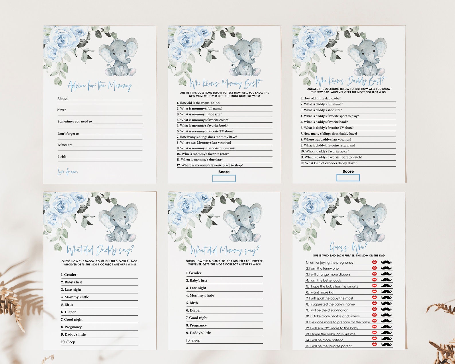 Editable Elephant Baby Shower Game Bundle Blue Floral - Etsy