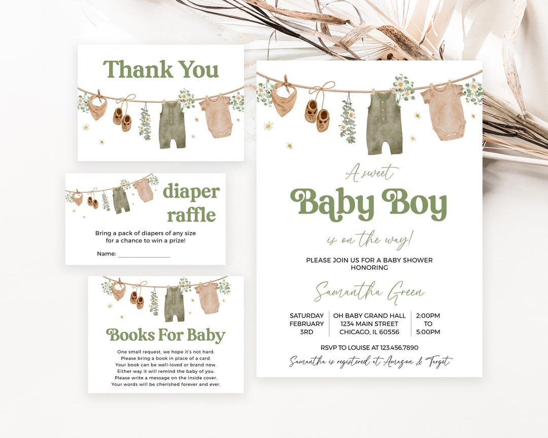 Editable Boho It's a Boy Baby Clothes Baby Shower Invitation Bundle ...