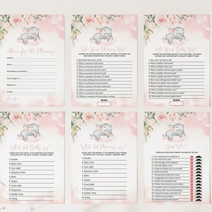 Editable Blush Girl Elephant Baby Shower Game Bundle, Pink Floral ...
