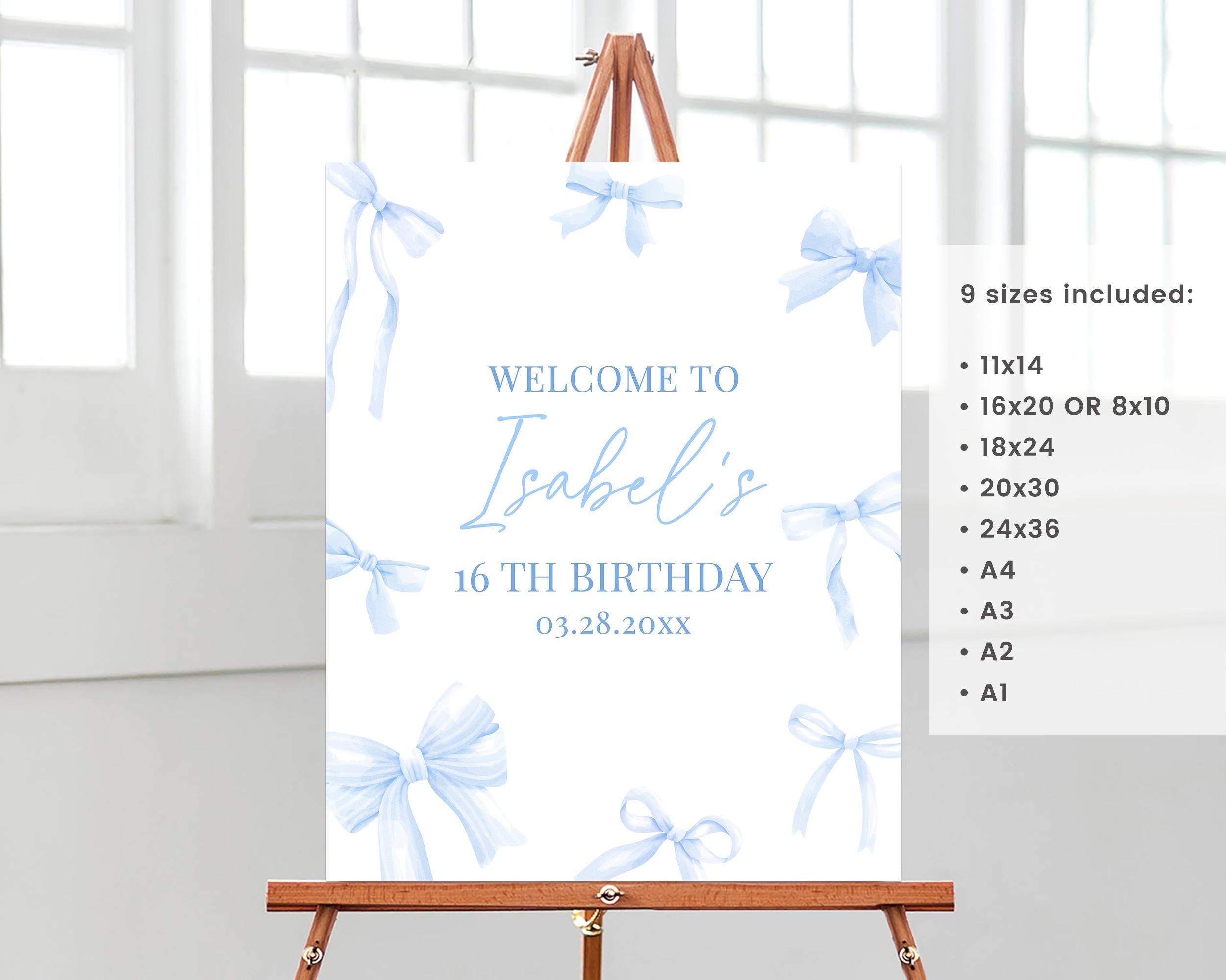 Editable Blue Bow Birthday Welcome Sign, Blue Bow Girl Birthday Poster ...