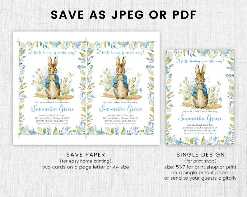 Editable Peter Rabbit Baby Shower Invitation Bundle Blue - Etsy