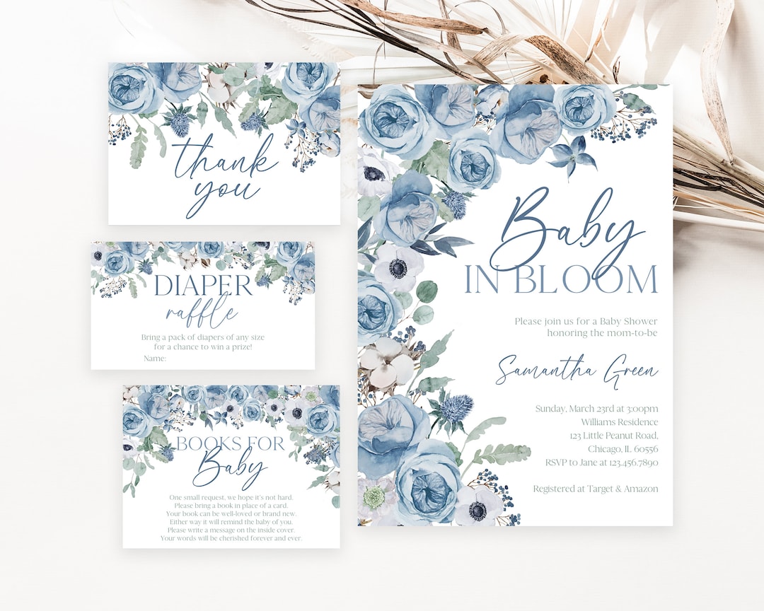 Editable Boy Baby in Bloom Baby Shower Invitation Bundle, Blue Spring ...