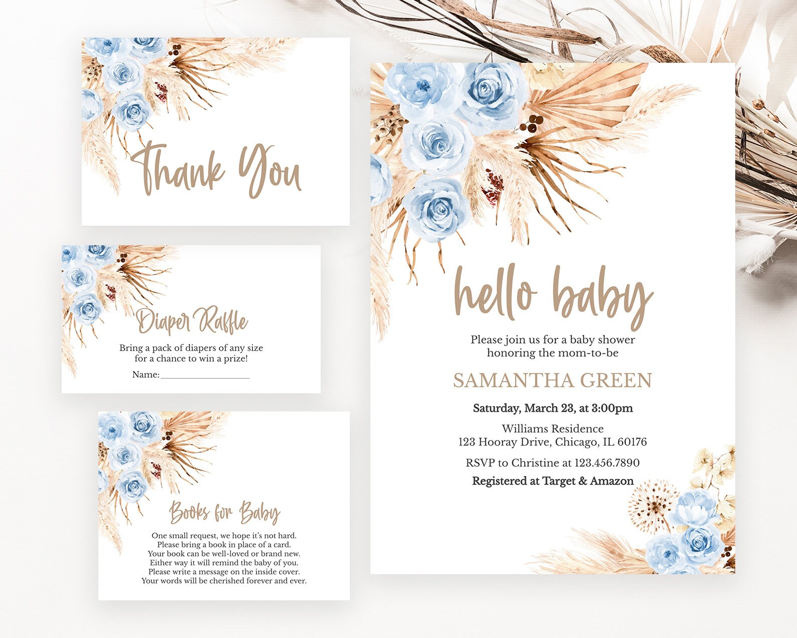 Editable Blue Pampas Grass Boho Baby Shower Invitation Bundle - Etsy