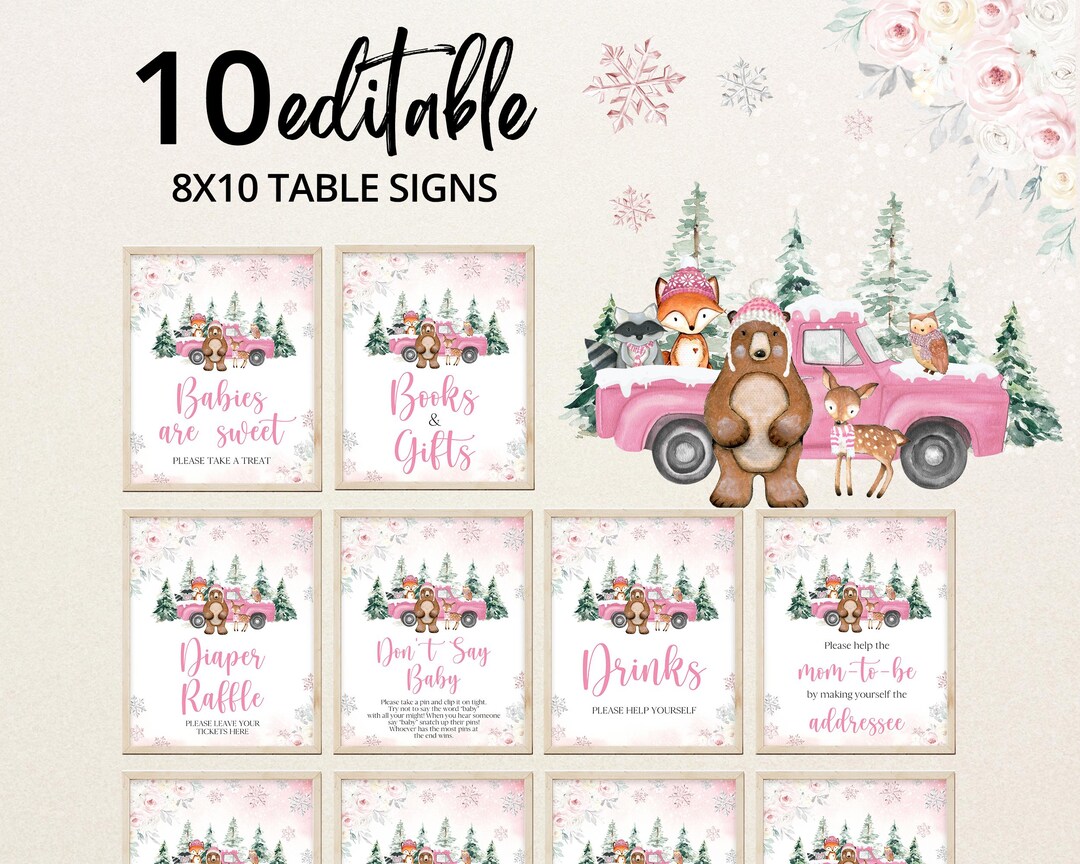 Editable Pink Winter Woodland Baby Shower Table Sign, Baby It's Cold ...