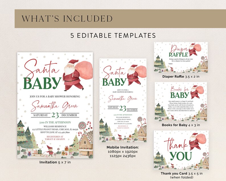 Editable Santa Baby Shower Invitation Bundle, Gender Neutral Christmas ...