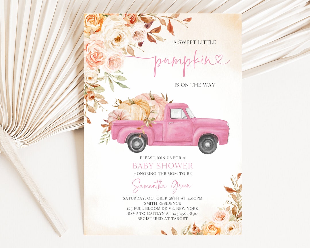 Editable Fall Pumpkin Truck Baby Shower Invitation, Pink Pumpkin Truck ...