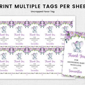 Editable Purple Elephant Baby Shower Favor Tag, Girl Elephant Baby ...