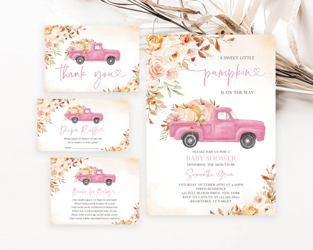 Editable Fall Pumpkin Truck Baby Shower Invitation Bundle, Pink Pumpkin ...