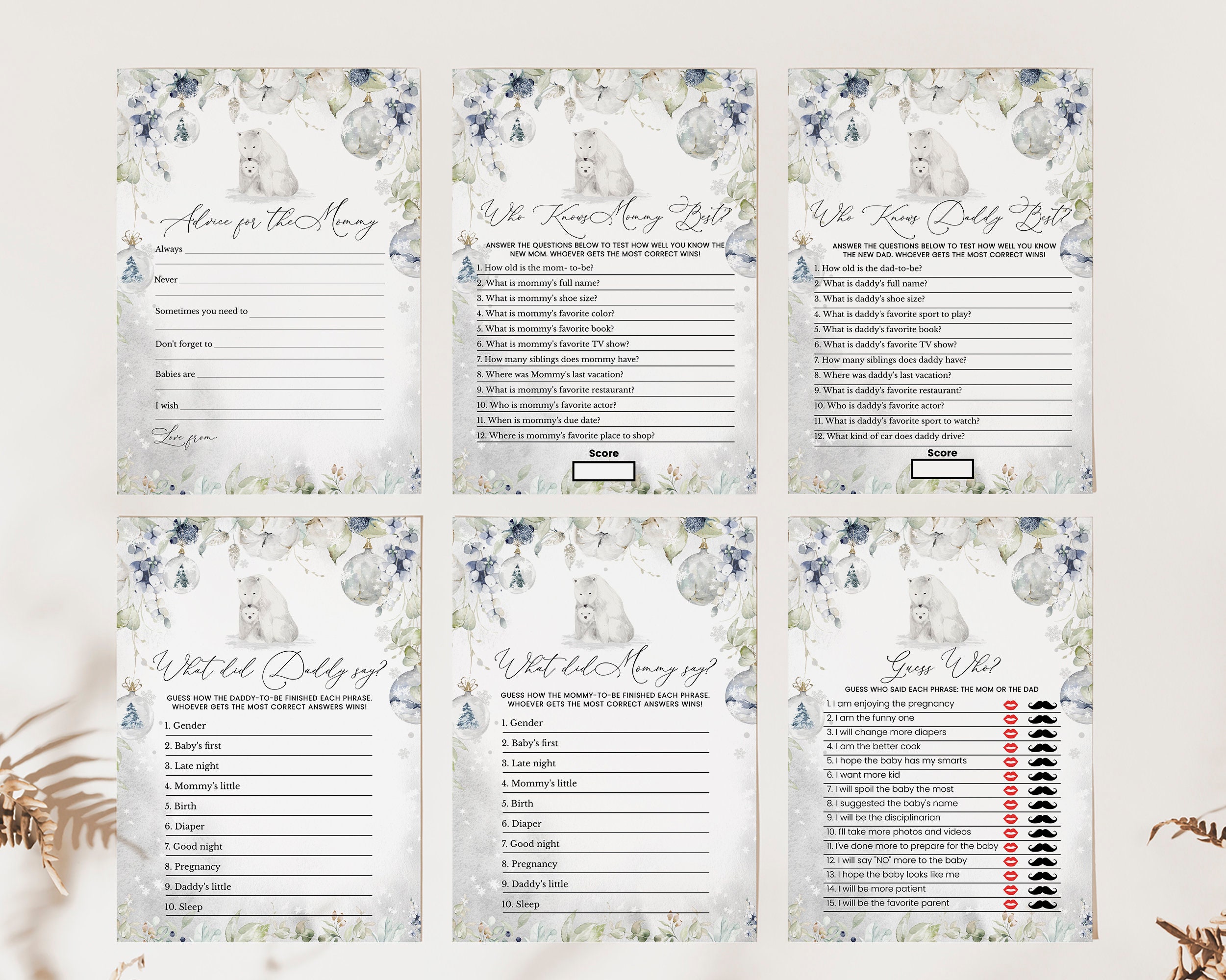 Editable Winter Polar Bear Baby Shower Game Bundle, Greenery Winter ...